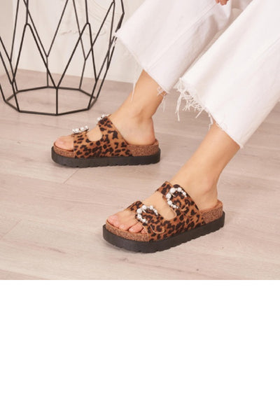 LEOPARD DOUBLE STRAP ANTIQUE DIAMANTE BUCKLE PLATFORM SLIDER SANDALS ...
