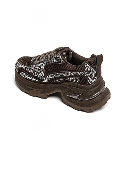 BROWN LACE UP CHUNKY DESIGNER RHINESTONE DETAIL SNEAKER TRAINERS – No ...