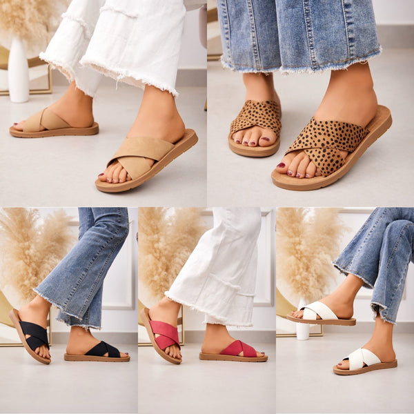 SLIP ON SANDALS CRISSCROSS BAND STRAP FLIP FLOP SLIDERS IN BLACK – No ...